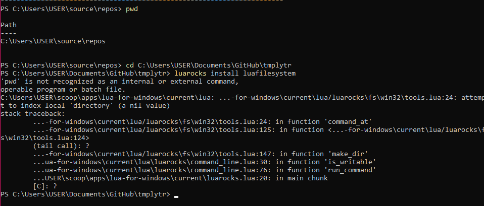 "'pwd' is not recognized as an internal or external command, operable ...