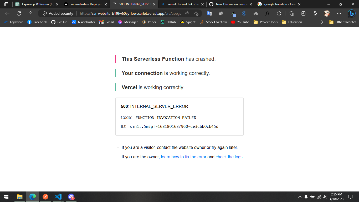 [Express.js] This Serverless Function has crashed · vercel community · Discussion #2111 · GitHub