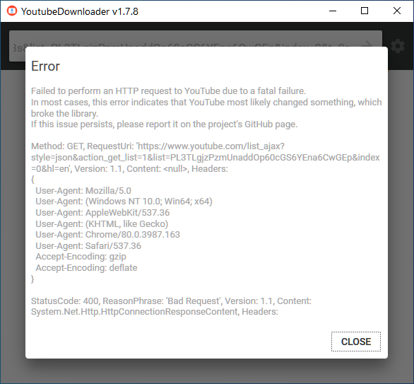 Failed to perform an HTTP request to YouTube due to fatal failure ...