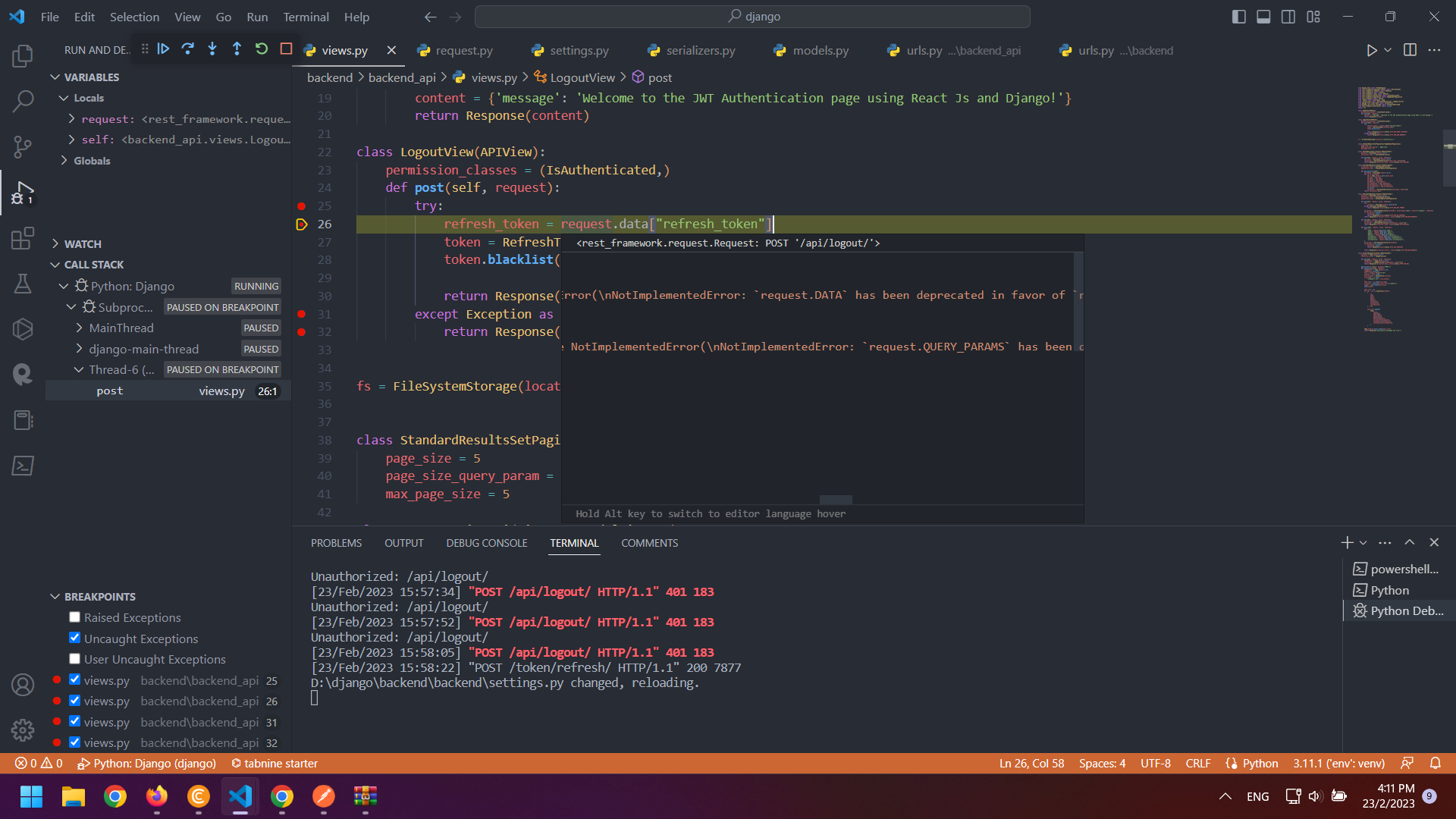 request.data["refresh_token"] · Issue #1 · Ronakchitlangya1997/Authentication---React-Js-Django ...