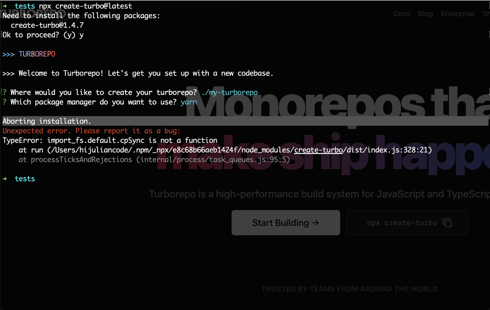 Aborting Installation · Issue 2028 · Vercel Turborepo · Github