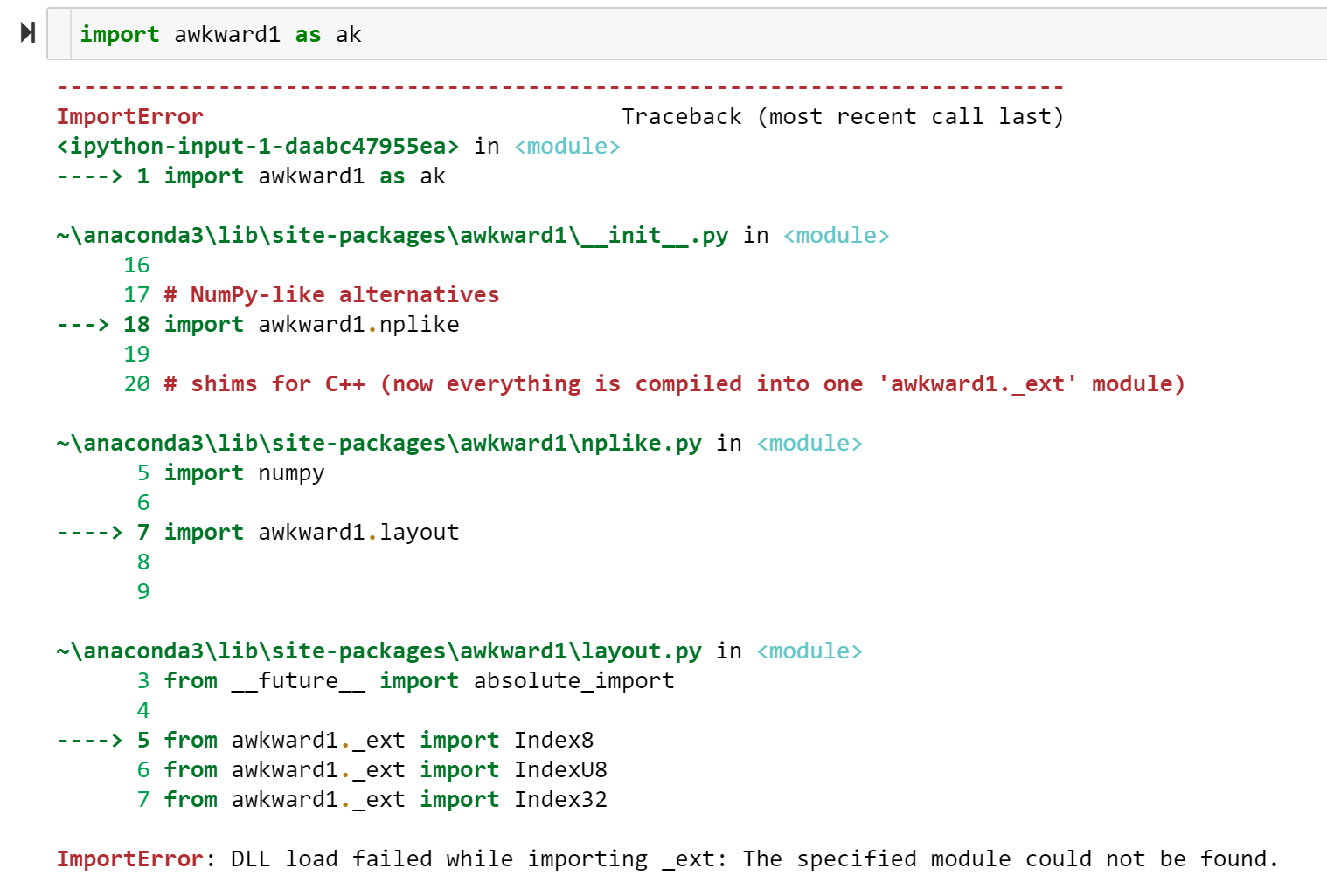 Installing (and then importing) awkward1 on Windows · Issue #430 · scikit-hep/awkward · GitHub