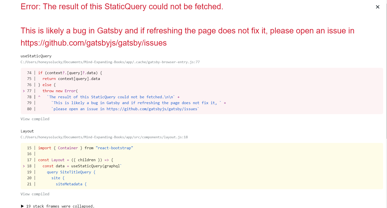 react-dom.production.min.js:216 Error: The result of this StaticQuery could not be fetched ...