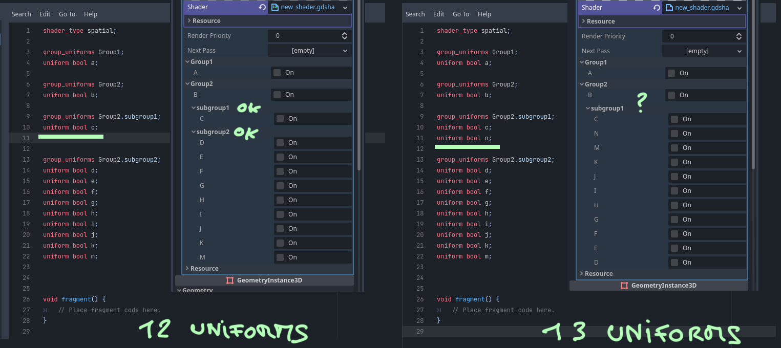 In shaders, group_uniforms break when too many uniforms (> 12) are used · Issue #64226 ...