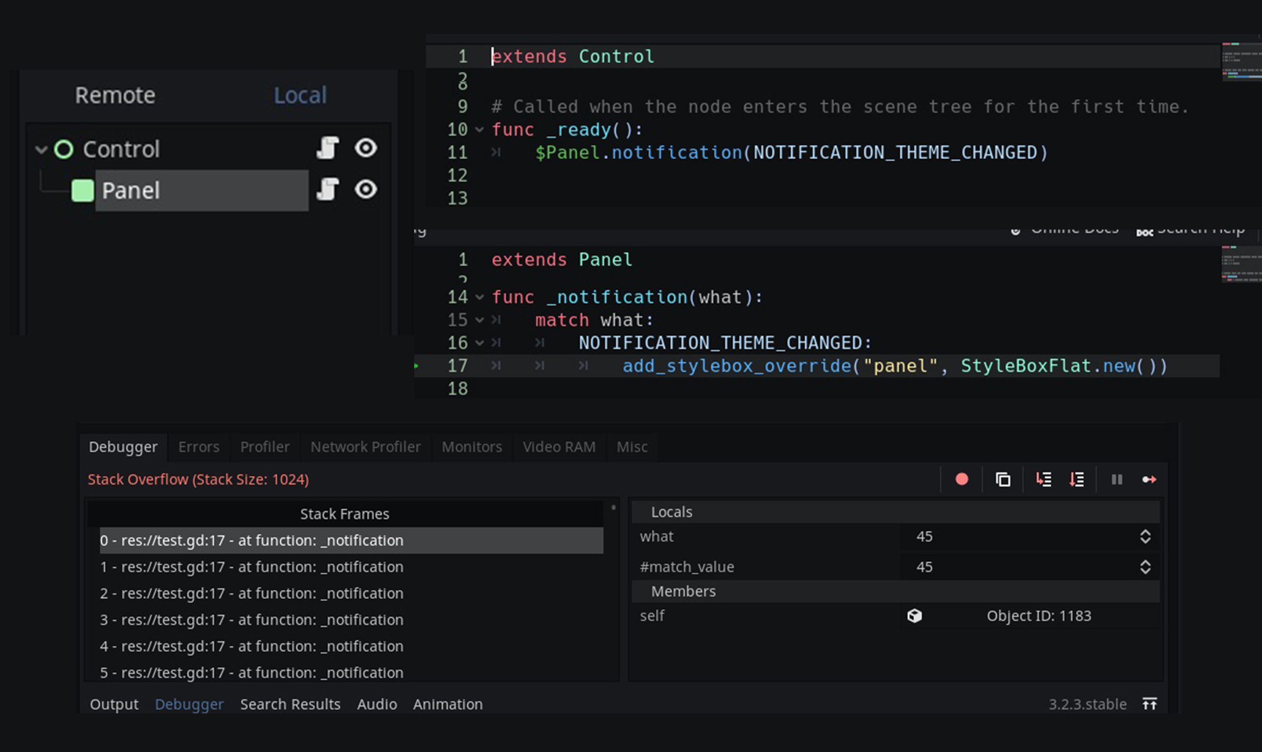 The method add_stylebox_override of Control calls NOTIFICATION_THEME_CHANGED to itself ...