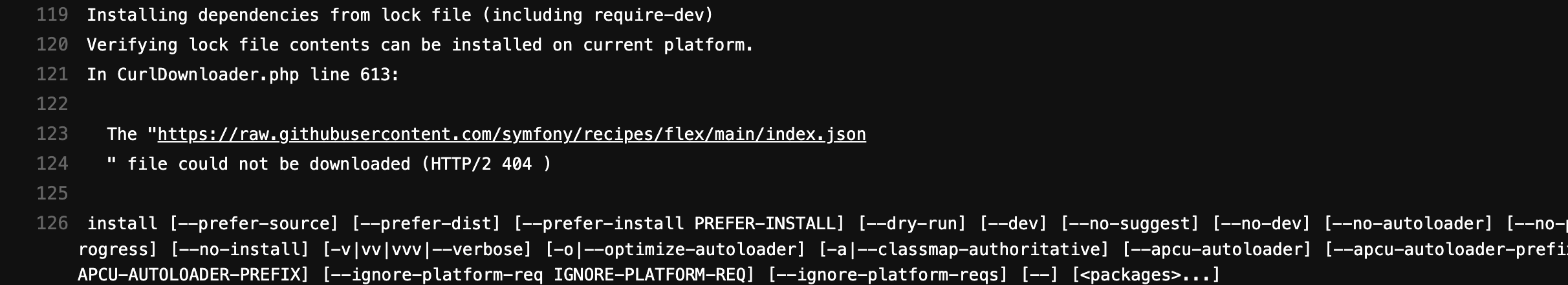 [Composer\Downloader\TransportException] The "https://raw.githubusercontent.com/symfony/recipes ...
