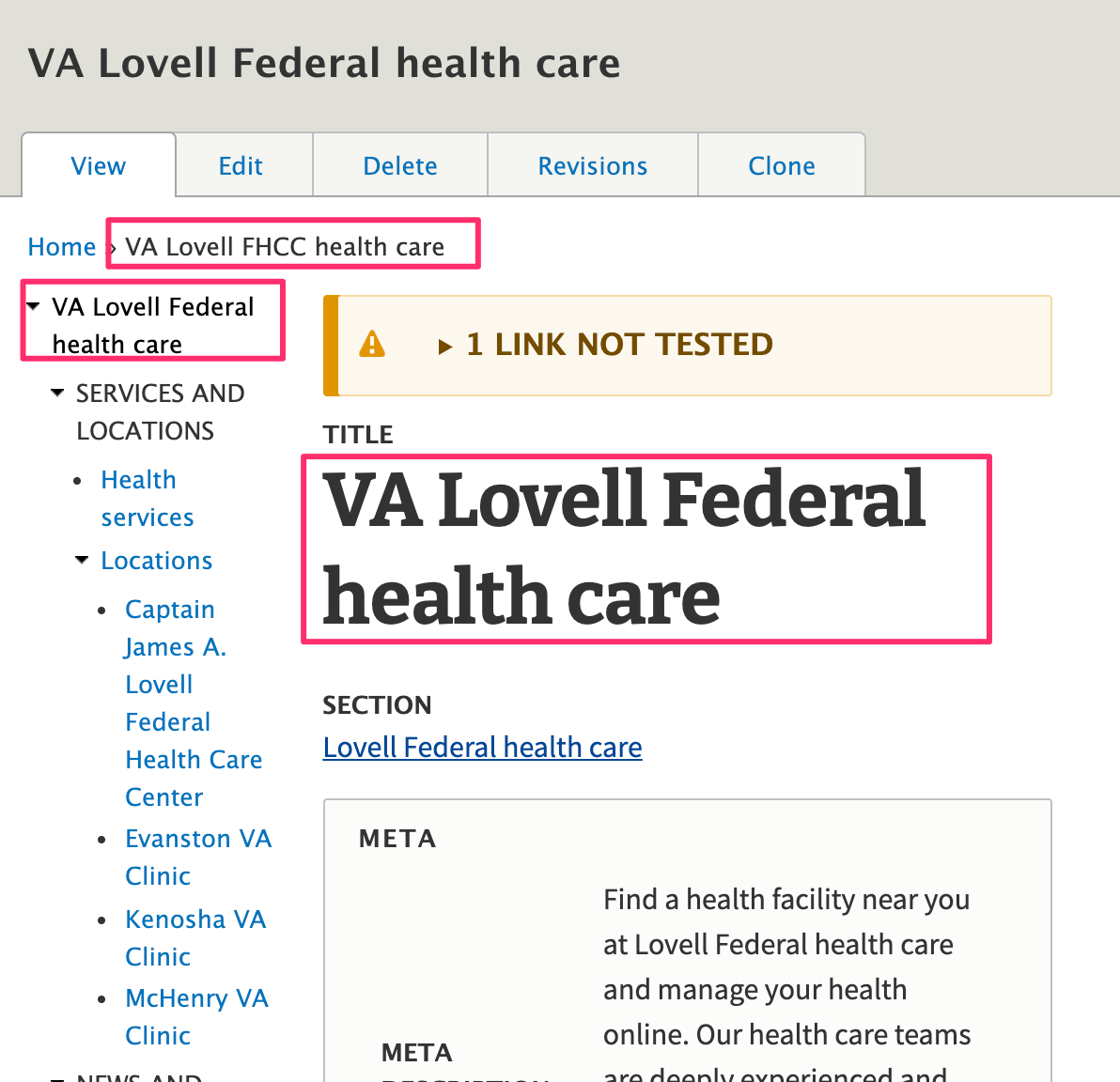 H1 and breadcrumb is wrong for Lovell Federal health care · Issue #7163 ...