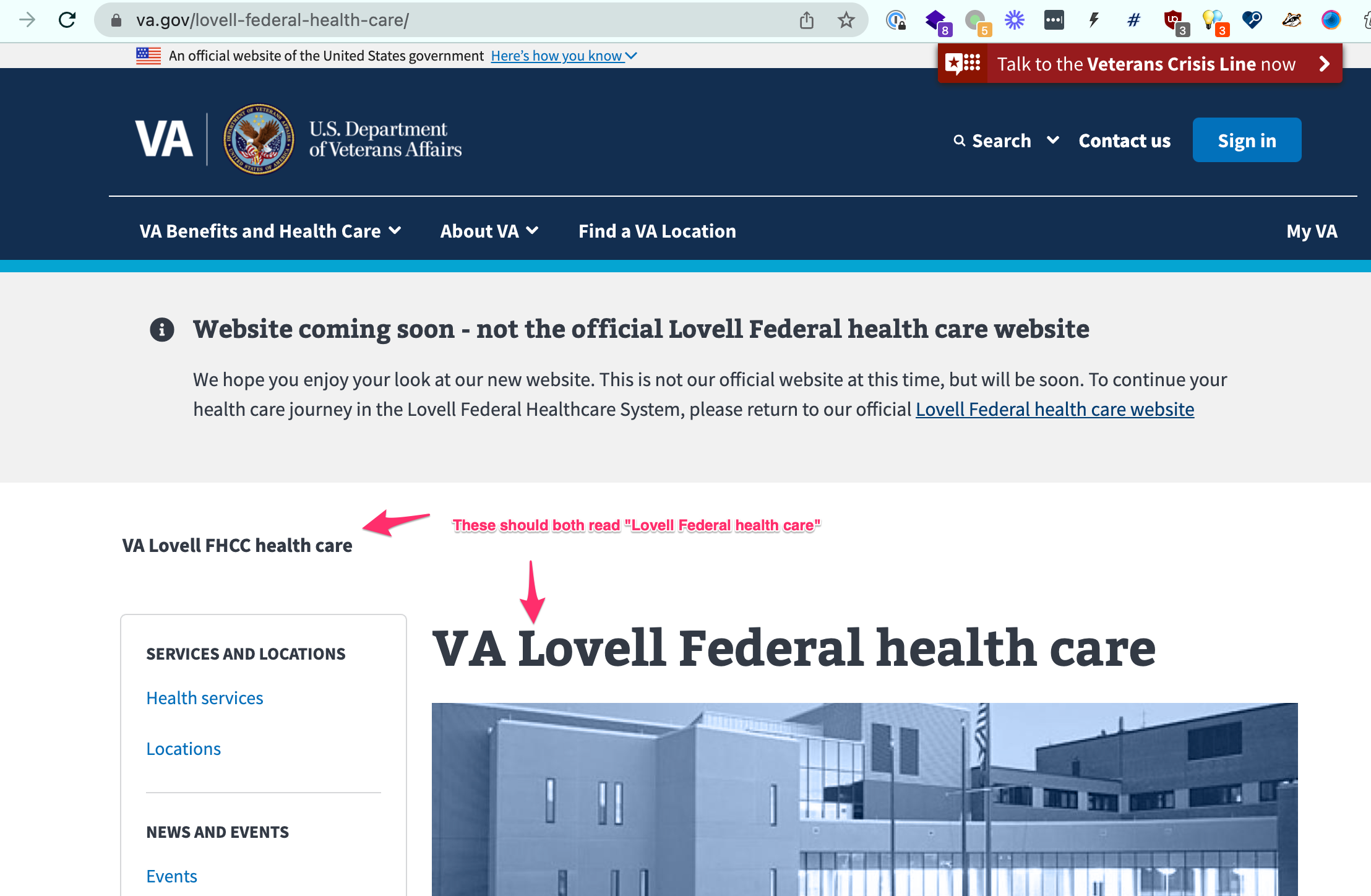 H1 and breadcrumb is wrong for Lovell Federal health care · Issue #7163 ...