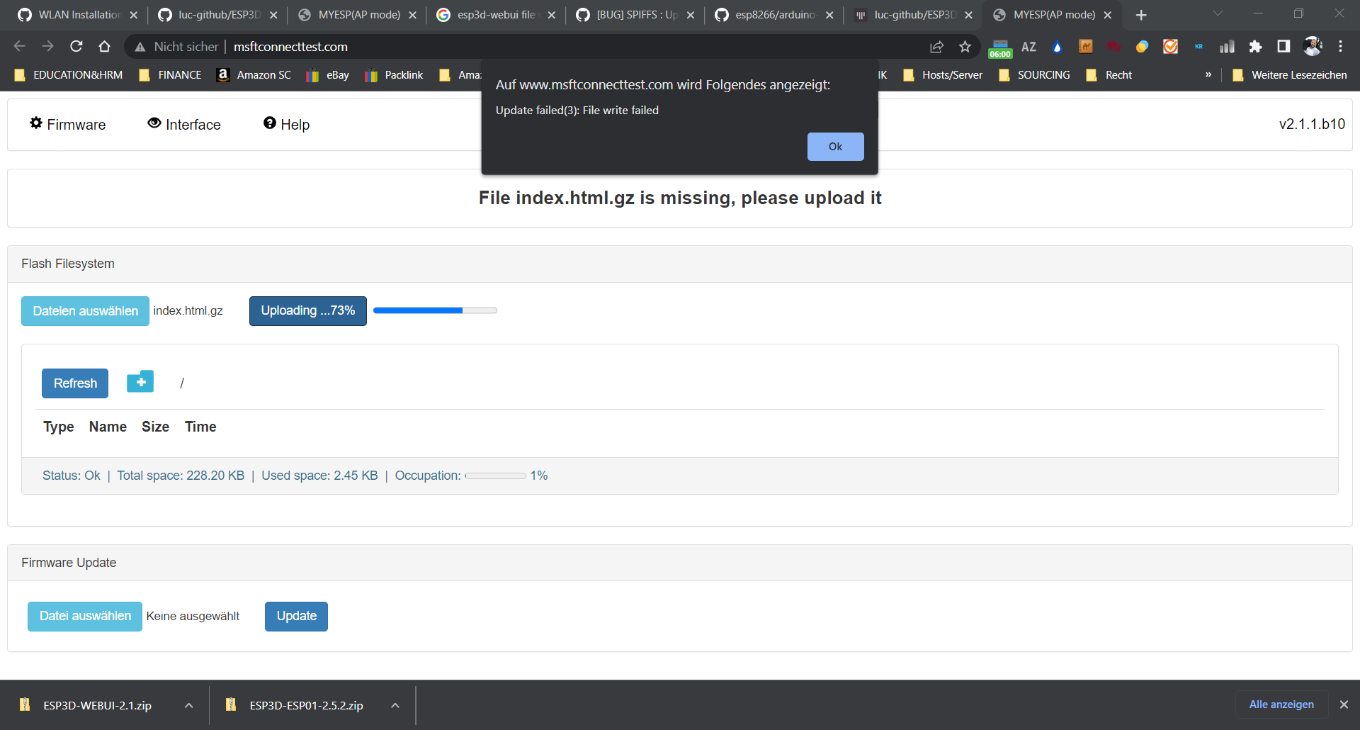 [BUG] ESP3D-WEBUI Upload fails "File write failed" Pop up error · Issue #320 · knutwurst/Marlin ...