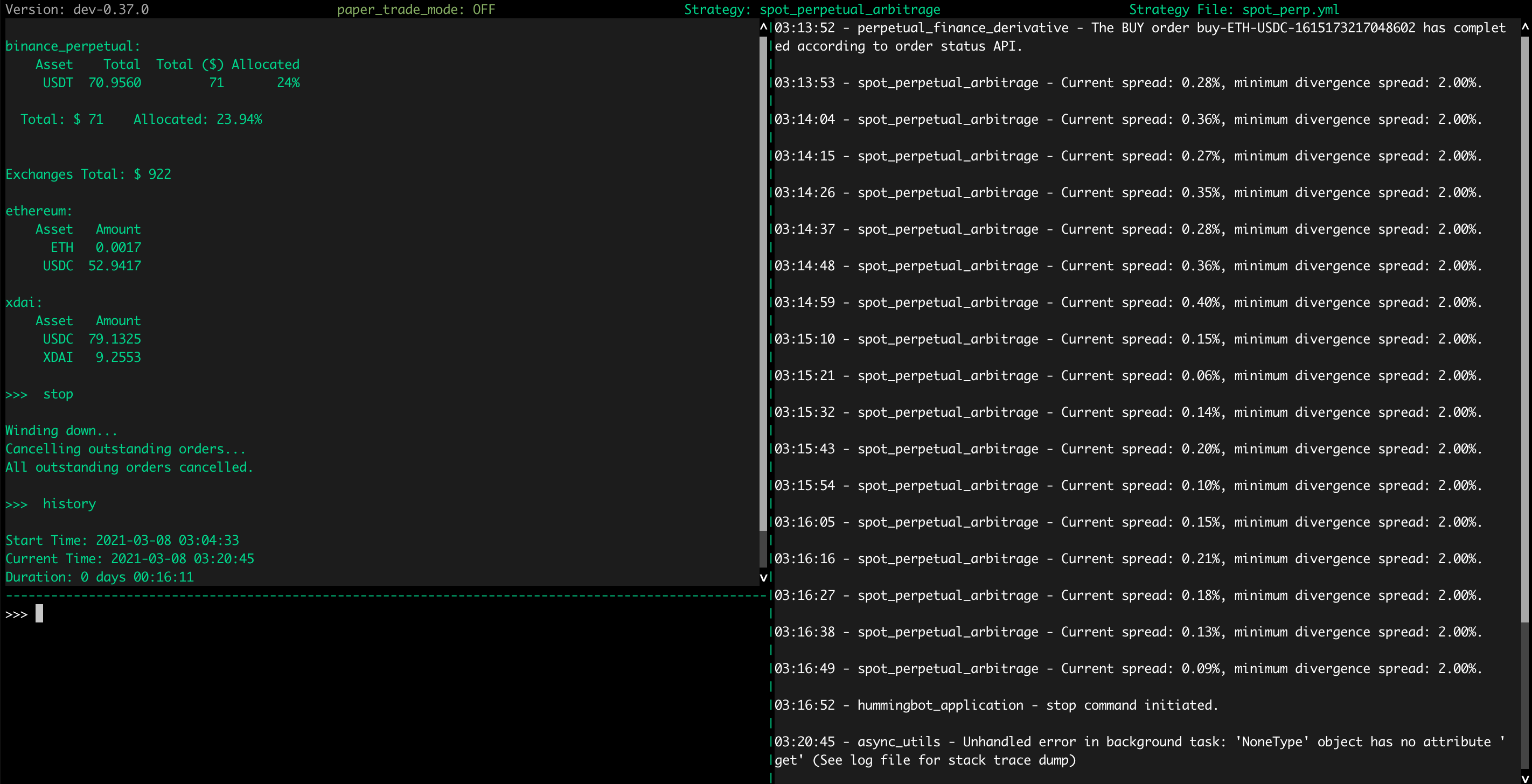 Spot Perpetual Arbitrage - Output on history command not showing when ...