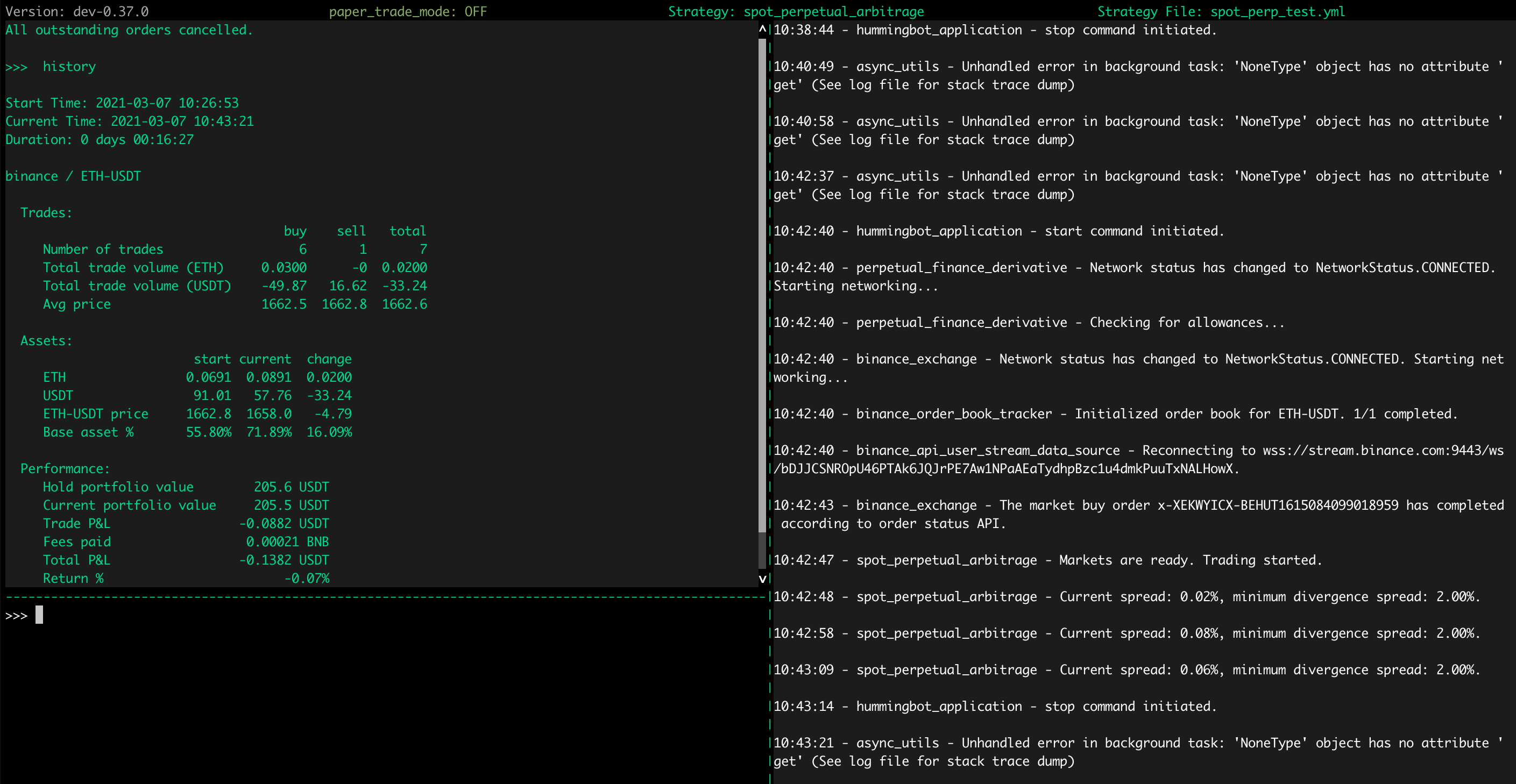 Spot Perpetual Arbitrage - Output on history command not showing when ...
