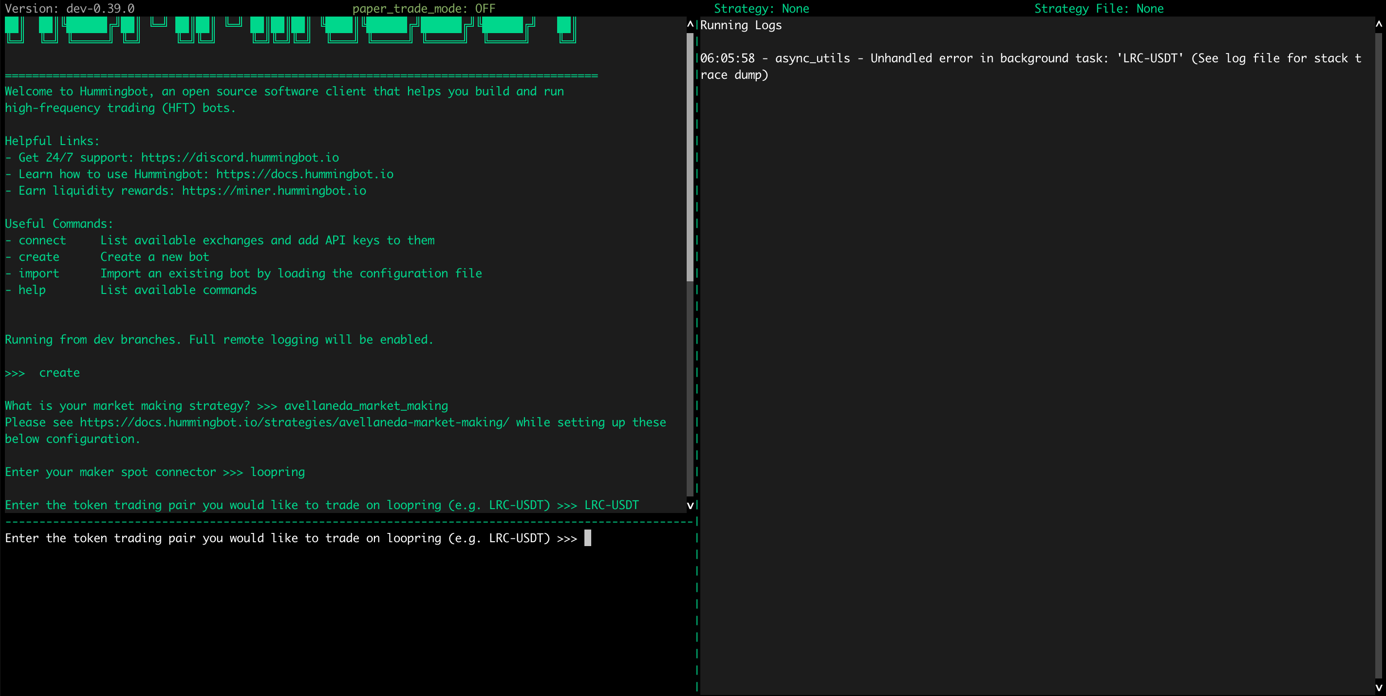 Loopring - Unable to create or import a strategy · Issue #3339 · hummingbot/hummingbot · GitHub