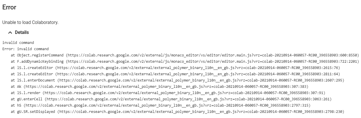 Unable to load collab. invalid command · Issue #2255 · googlecolab/colabtools · GitHub