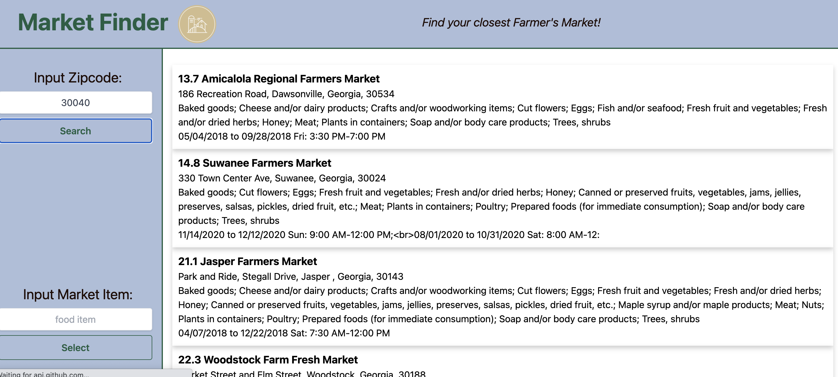 GitHub - ebadrehman92/Market-Finder: Find the closest farmer's market based on your zip code.