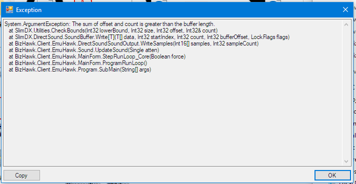 Bizhawk 2.3 ArgumentException was thrown: The sum of offset and count is greater than the buffer ...