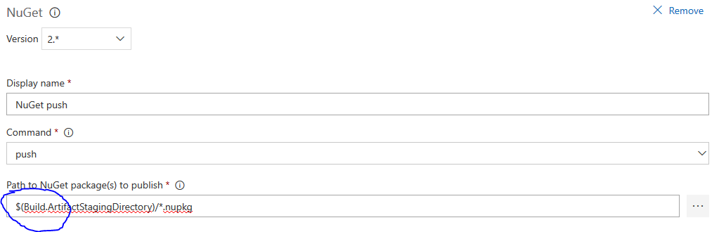 The nuget task should reference $(System.ArtifactStagingDirectory) instead of $(Build ...