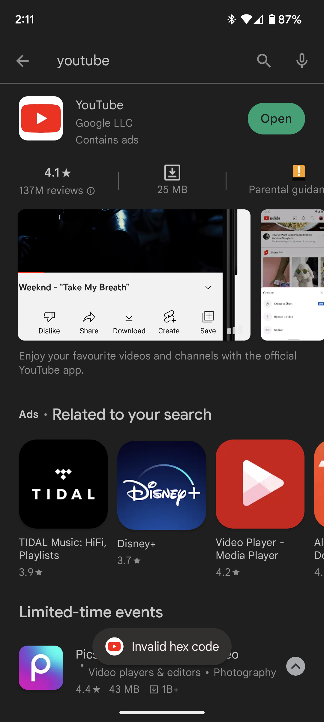 bug: "invalid hex code" toast appears while playing videos in playstore ...