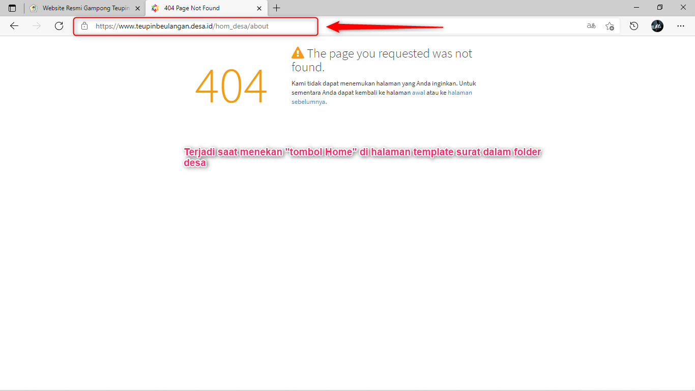 Error 404 saat menekan tombol "Home" pada Fitur Cetak Surat Dengan ...