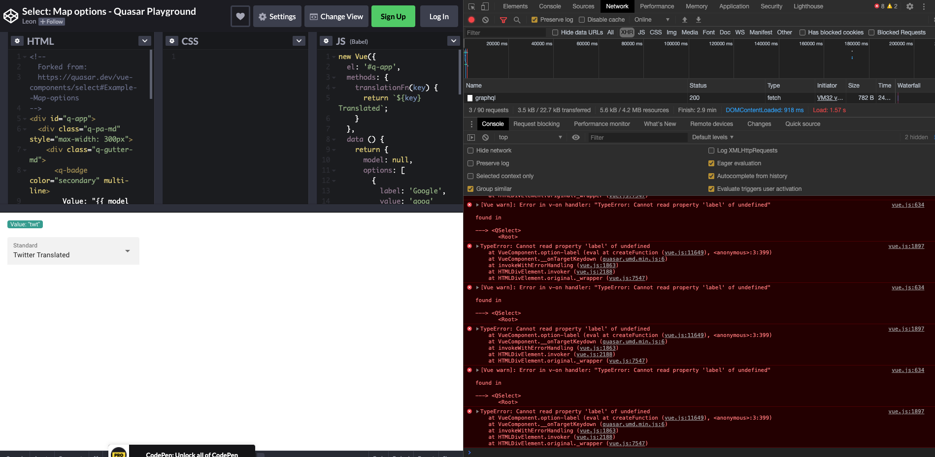 QSelect throws typeError when typing in a focused state · Issue #7382 · quasarframework/quasar ...
