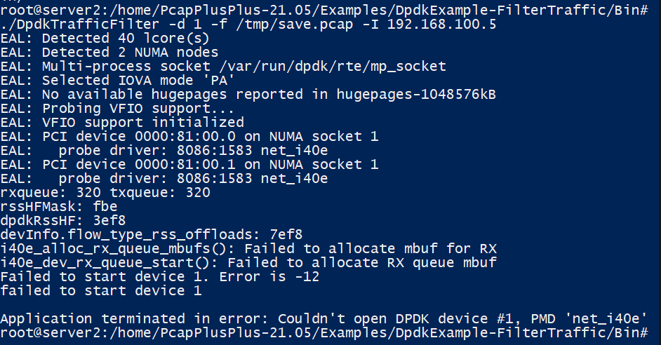 Cant run the DpdkExample-FilterTraffic · Issue #869 · seladb/PcapPlusPlus · GitHub