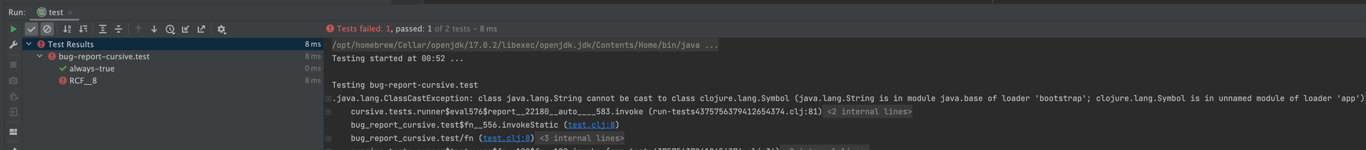 cursive specific error when generating clojure.test tests with ...