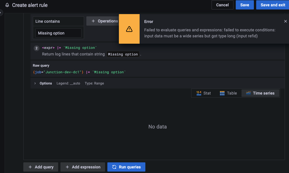 Alert queries fail with "input data must be wide series but got type not (input refid ...
