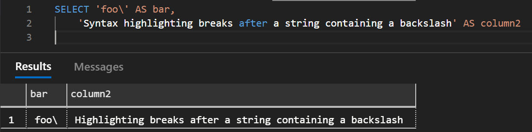 Syntax highlighting breaks after selecting a string containing a ...
