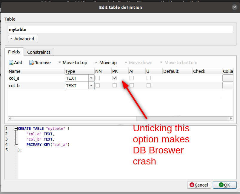 Db Browser Crashes When Unticking Pk Option In The Gui Table Creator · Issue 2670