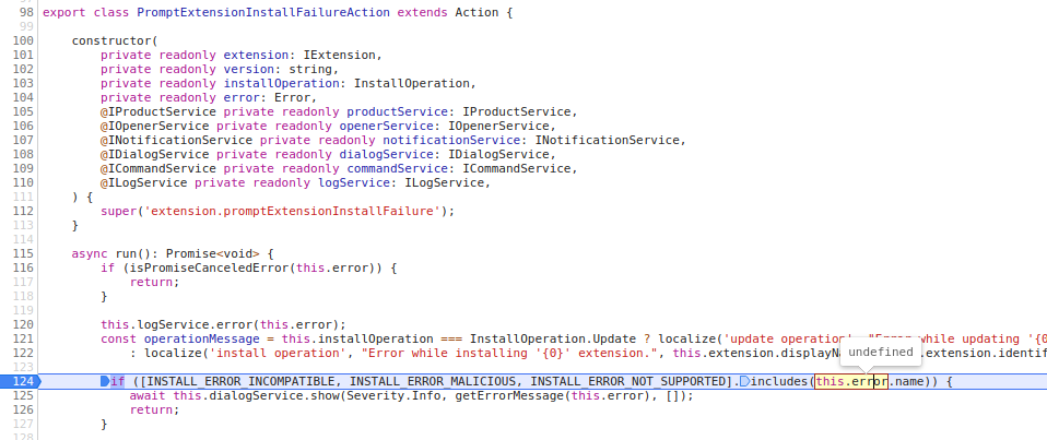 Installing `Hex Editor` extension fails with `Cannot read property ...