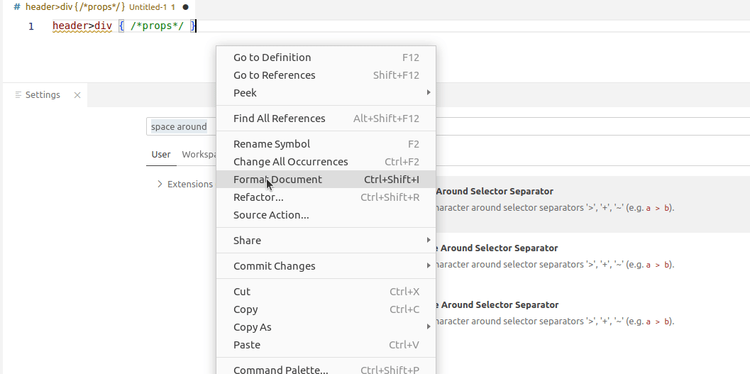 CSS format setting: Space around Selector Seperator is not working · Issue #170627 · microsoft ...