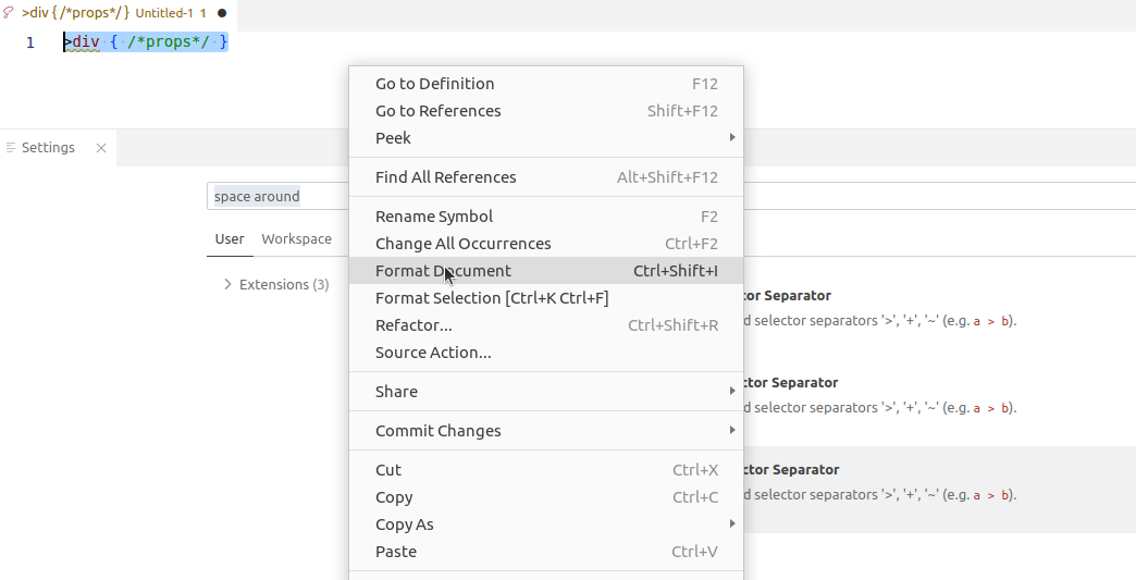 CSS format setting: Space around Selector Seperator is not working · Issue #170627 · microsoft ...