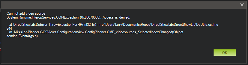 Error when camera access disabled on Windows · Issue #2403 · ArduPilot/MissionPlanner · GitHub