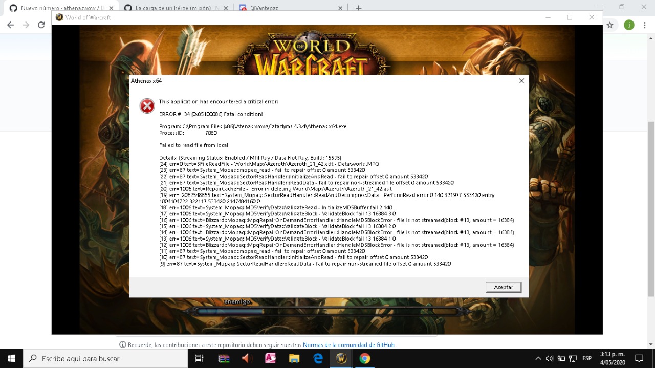 Error #134 (0x85100086) fatal condition! · Issue #353 · athenaswow/BugTracker-Athenas-WoW · GitHub
