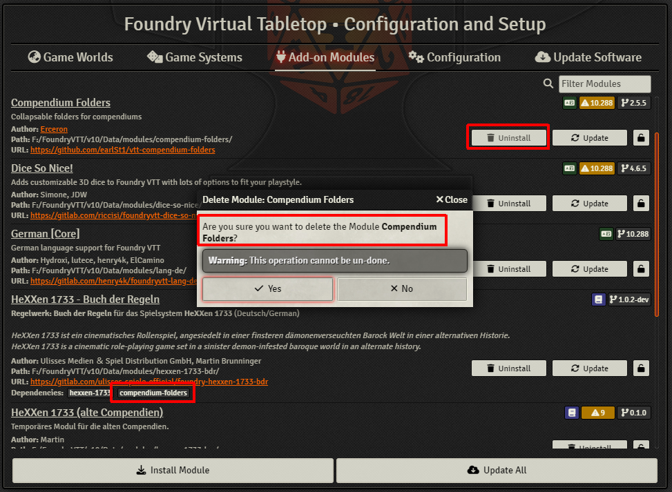 Display a warning when requesting to uninstall a module which other packages declare as a ...