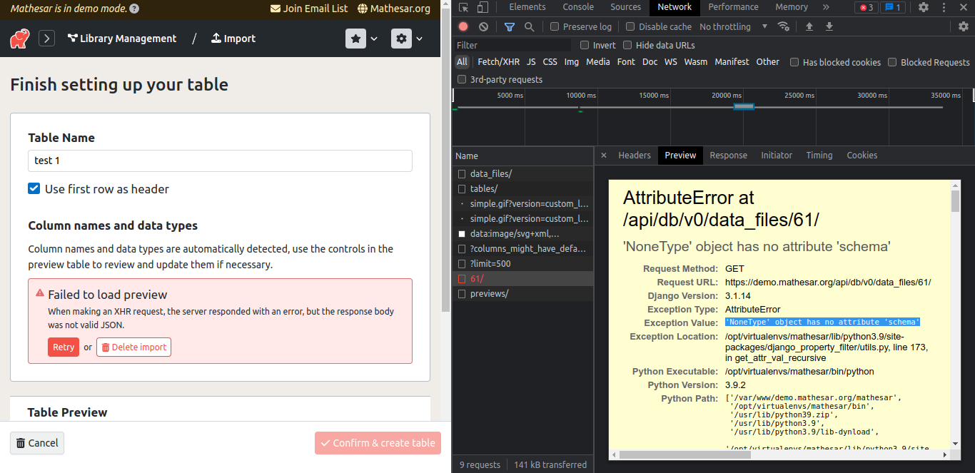 Unable to load Preview of the table on importing data from csv file in demo mode · Issue #2793 ...