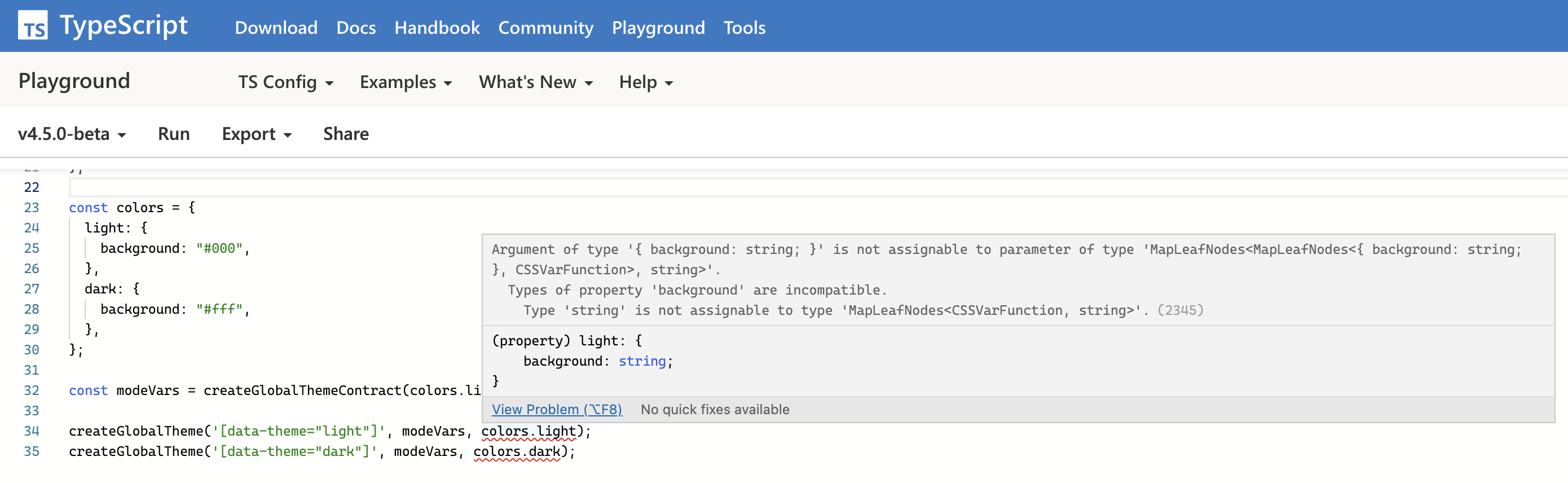 `createGlobalTheme` types is broken when using contract on typescript ...