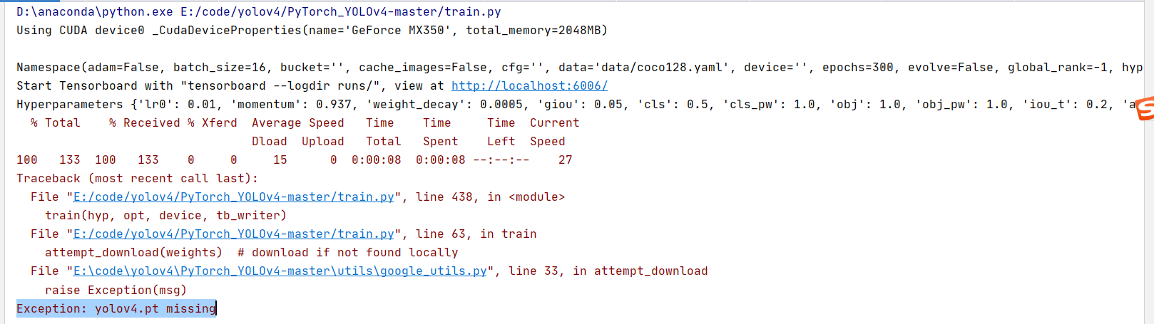 运行train.py文件时，出现Exception: yolov4.pt missing这个错误，请问该如何解决 · Issue #184 · WongKinYiu/PyTorch ...
