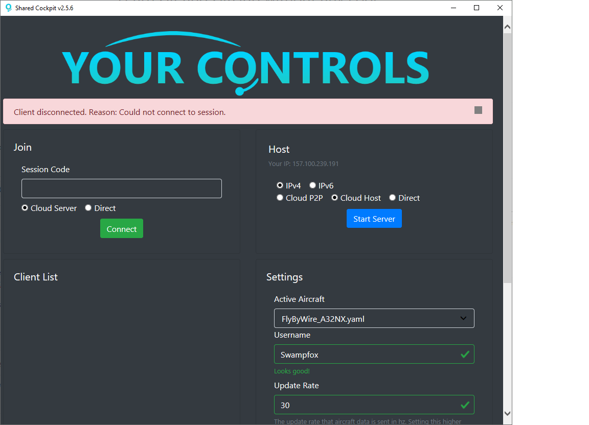 Client disconnected. Reason: Could not connect to session. · Issue #99 · Sequal32/yourcontrols ...