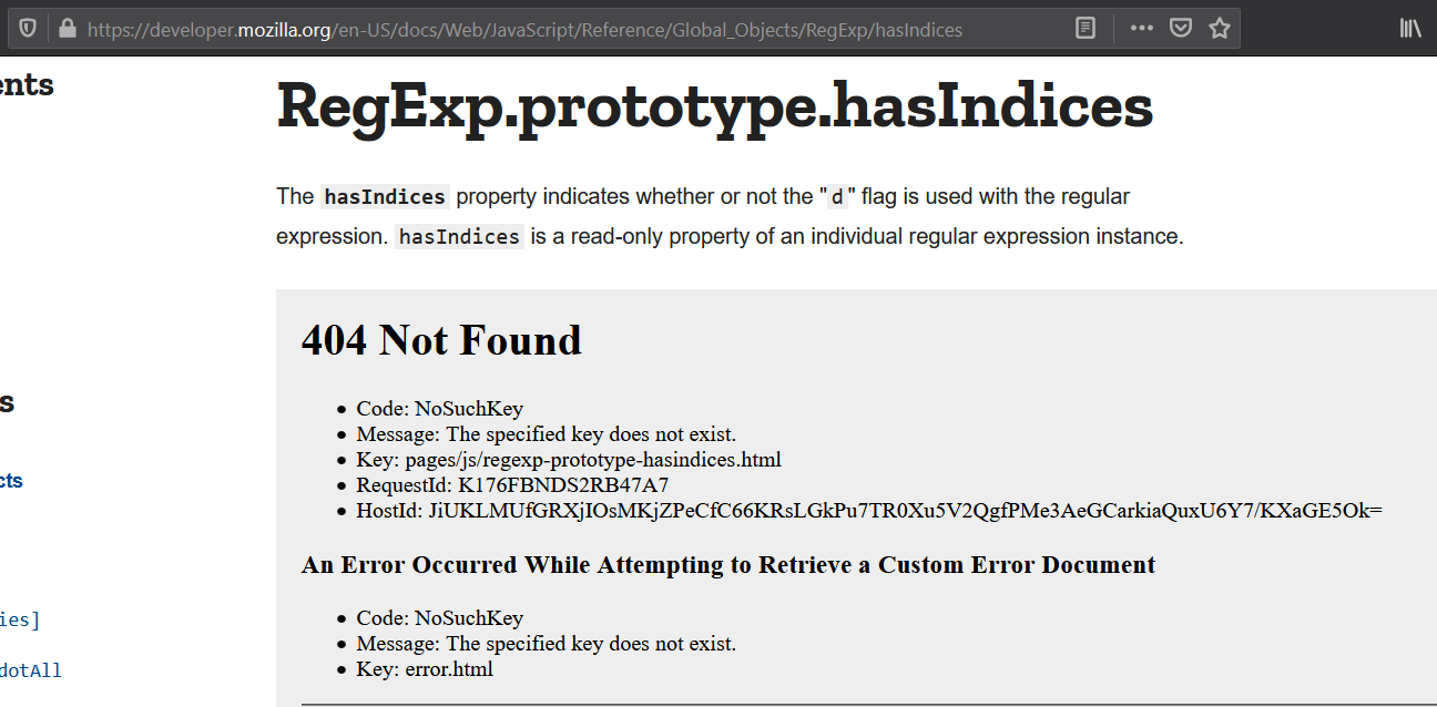 RegExp.prototype.hasIndices code sandbox is down · Issue #3431 · mdn/yari · GitHub