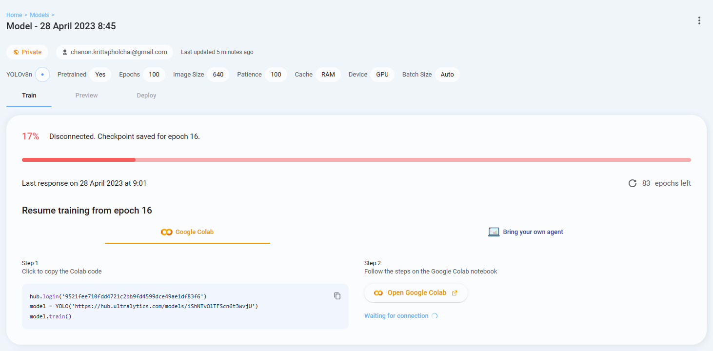 YOLOv8 resume training errors on renewed Colab runtimes · Issue #216 · ultralytics/hub · GitHub