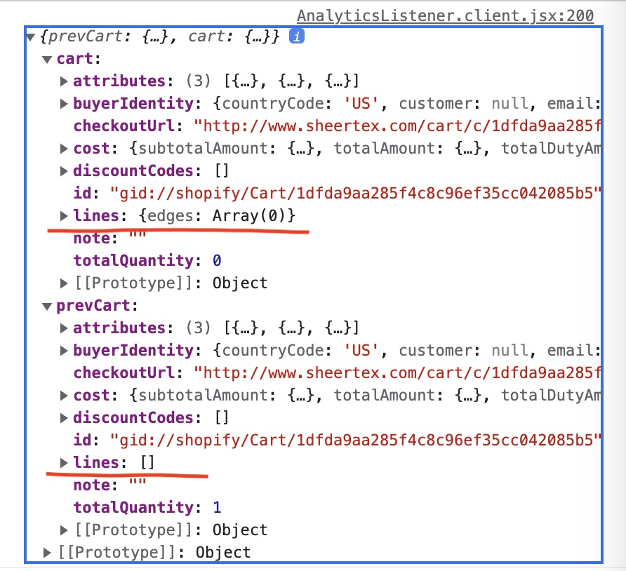 [BUG] Analytics REMOVE_FROM_CART event returns empty lines for the ...