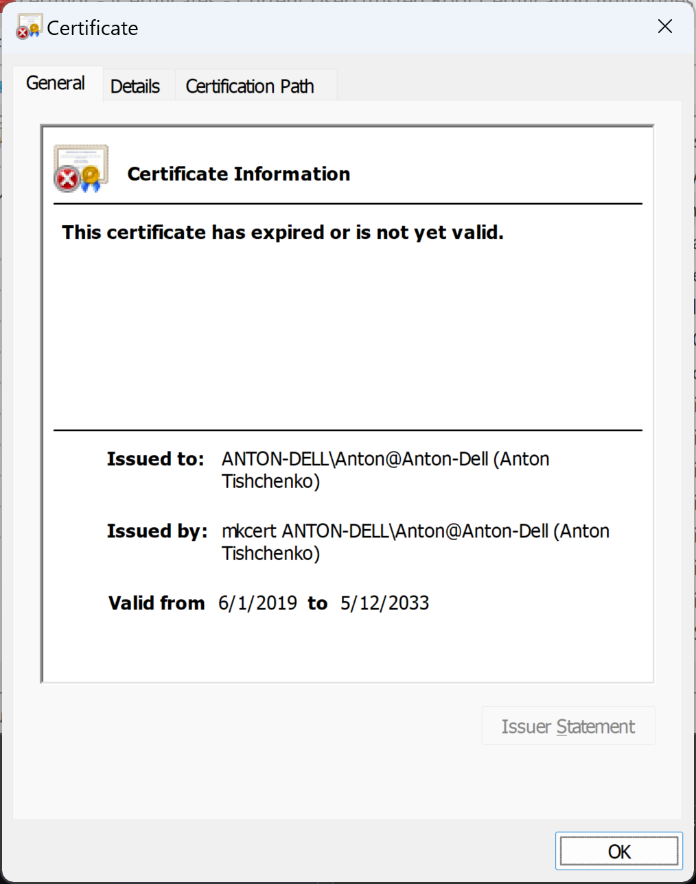 Certificate is generated with a wrong DateTime · Issue #524 · FiloSottile/mkcert · GitHub