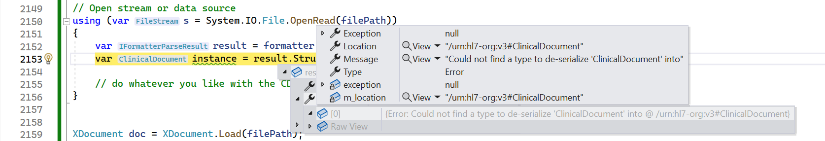 Error Could Not Find A Type To De Serialize Clinicaldocument Into