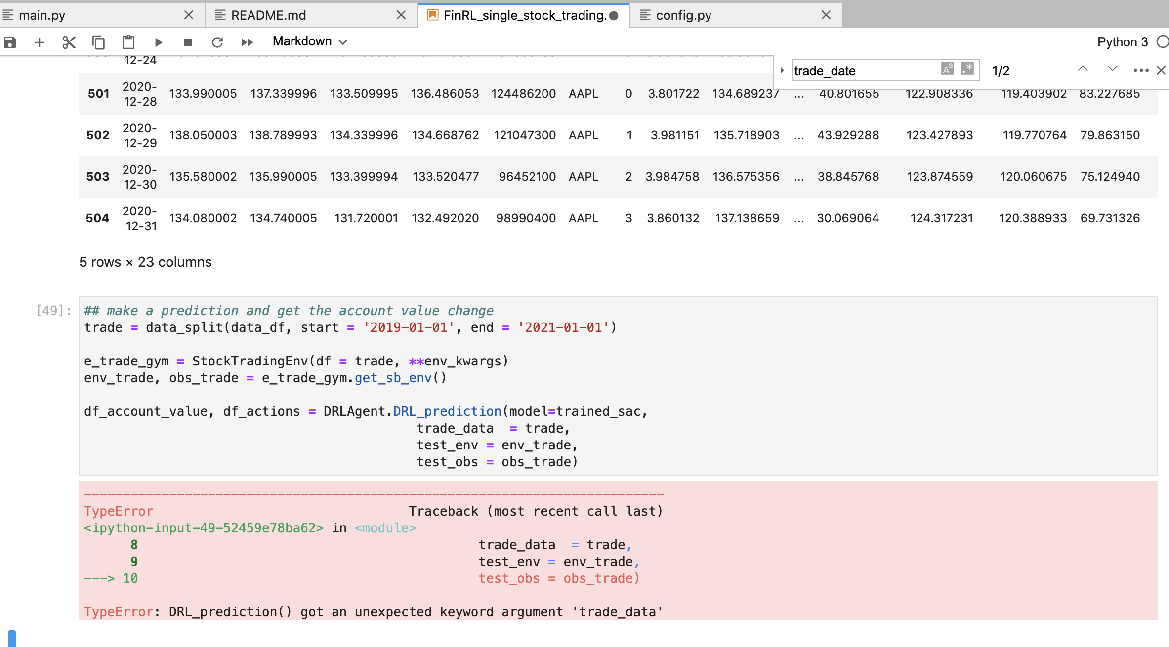 FinRL_single_stock_trading.ipynb - unexpected parameter trade_data for DRL_prediction() function ...