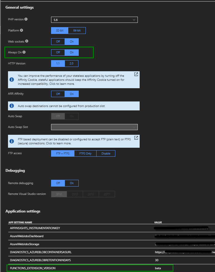 Azure Functions Runtime 2 preview - Doesn't run always on App Service Plan S2 and Always On ...