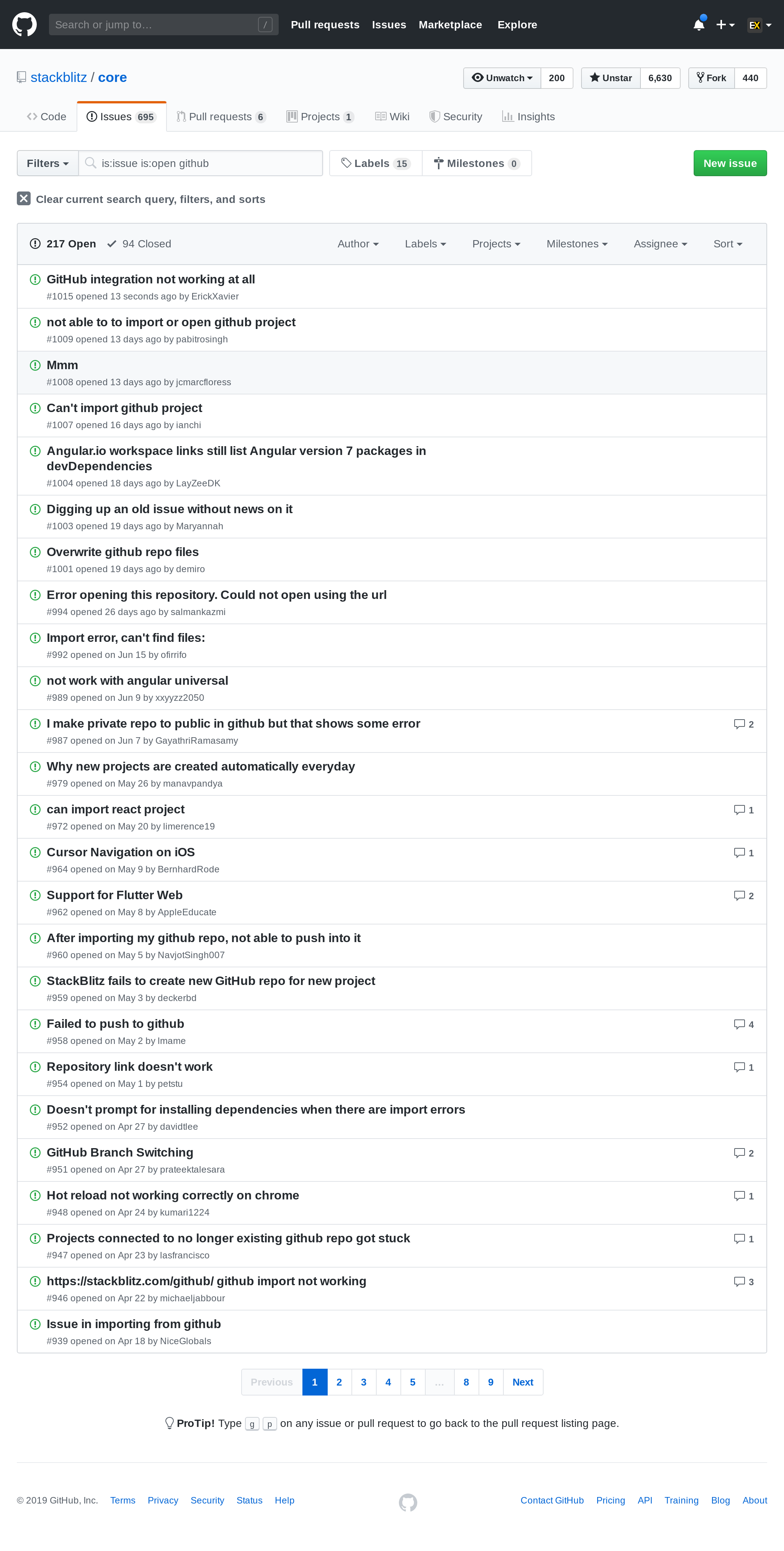 GitHub integration not working at all · Issue #1015 · stackblitz/core · GitHub