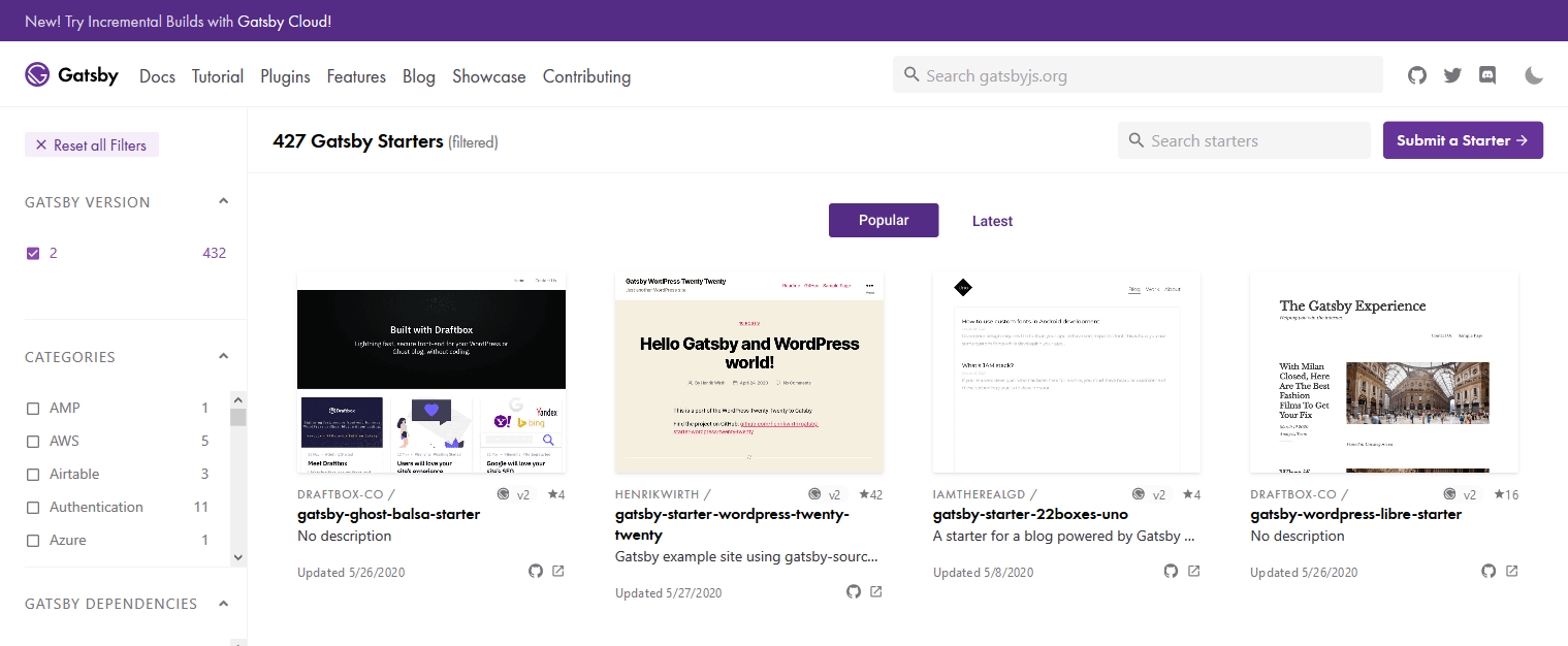 New Starters added to starter.yml not showing up in first page. · Issue #24616 · gatsbyjs/gatsby ...