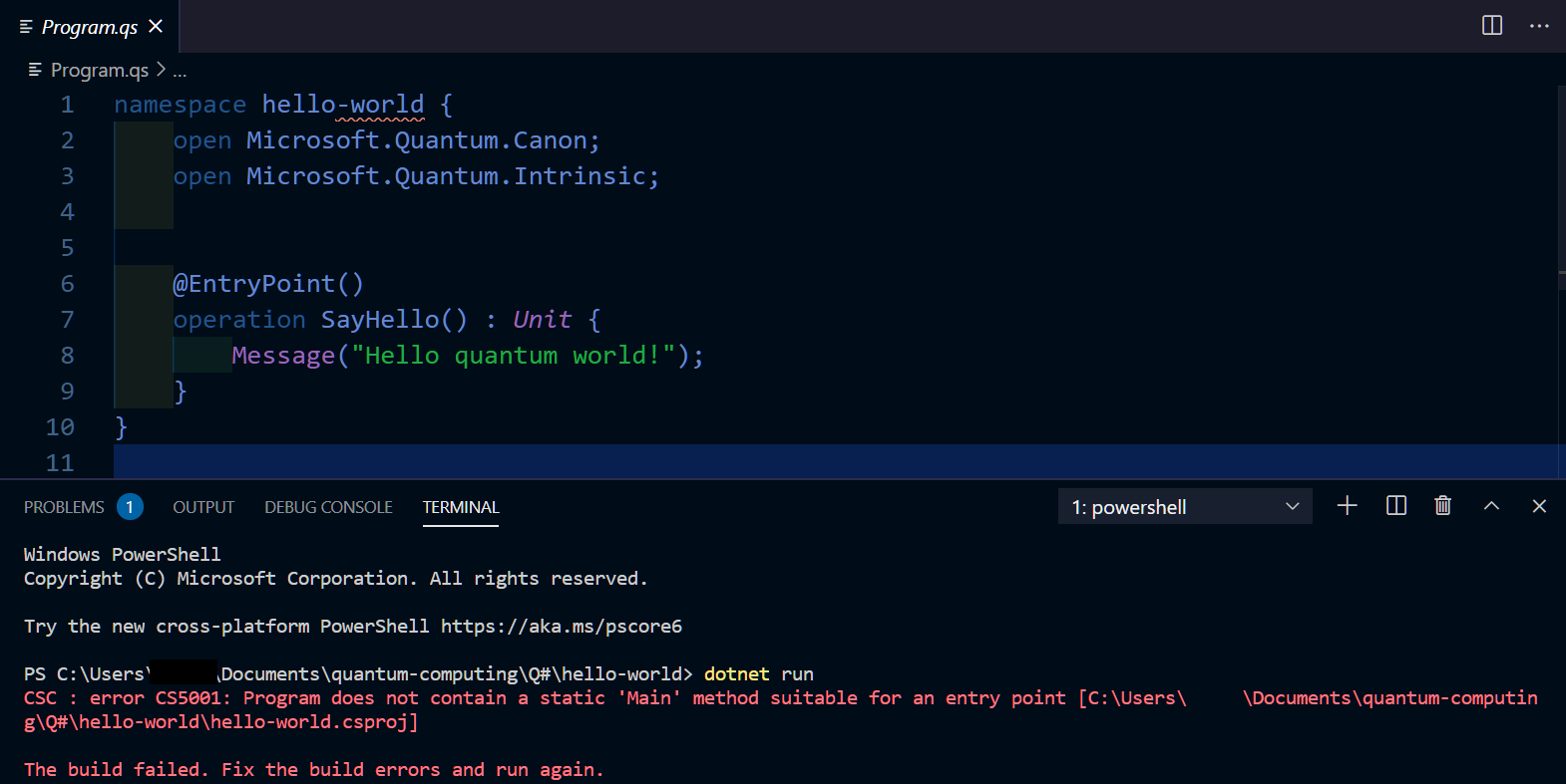 Cannot Run Sample Hello World Program From Official Q Tutorial · Issue 550 · Microsoftqsharp